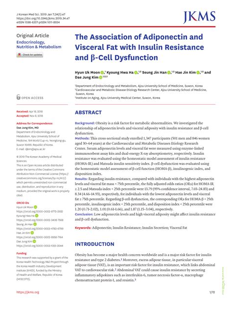 Pdf The Association Of Adiponectin And Visceral Fat With Insulin Resistance And β Cell Dysfunction