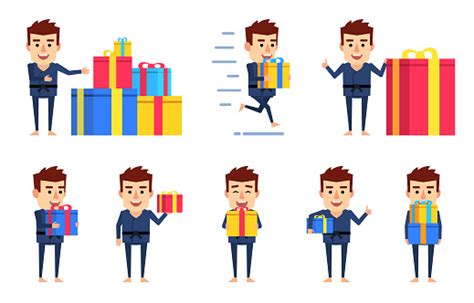 선물 상자로 포즈를 취한 스포츠맨 캐릭터 세트 쾌활 한 가라테 남자 지주 선물 실행 축 하 및 기타 작업을 보여주는 가라테에