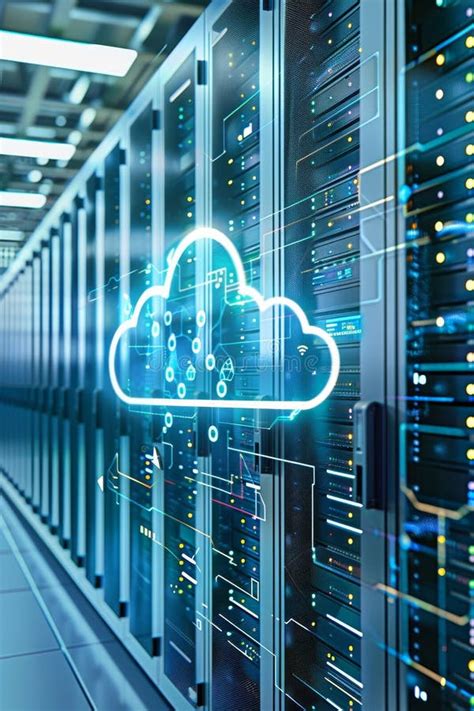 Cloud Computing Technology Blue Cloud Icon Over Server Racks In Data