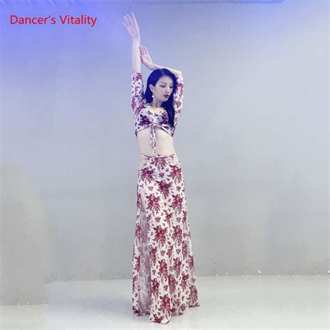 플라워 밸리 댄스복 패션 프린트 탑 및 스플릿 스커트 오리엔탈 댄스 세트 이국적인 댄스웨어 2 개벨리 댄싱