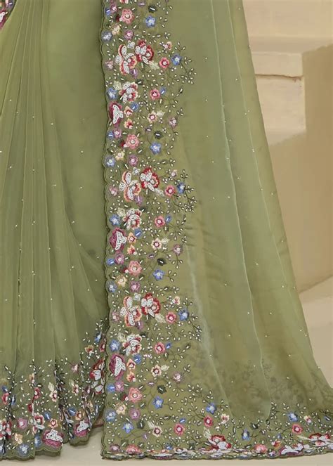 Olive Green Embroidered Georgette Designer Saree Urban Womania