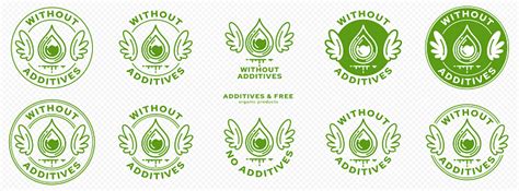 제품 포장을 위한 개념 라벨링 첨가제없이 날개 드롭 및 액체 성분 라인이있는 스탬프는 성분으로부터 자유의 상징입니다 벡터 요소입니다 0에 대한 스톡 벡터 아트 및 기타