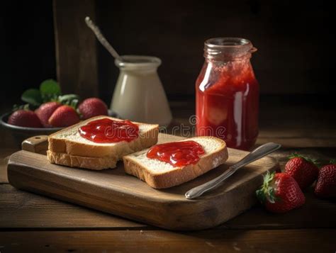 Toast With Strawberry Jam For Breakfast On Wooden Table Generative Ai Stock Illustration