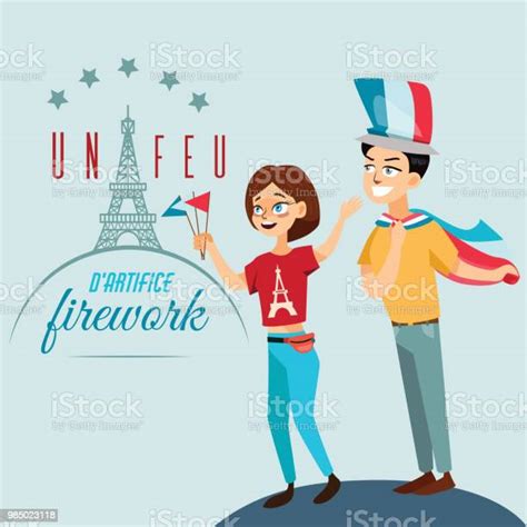 남자와 여자 공휴일에 프랑스 플래그 손에 바스티유 데 벡터 일러스트 레이 션에 에펠 탑의 배경에 대 한 길을 걷고 사람들 14에 대한 스톡 벡터 아트 및 기타 이미지