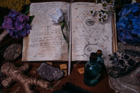 Откройте старую книгу с магическими заклинаниями, рунами, черной свечой ...