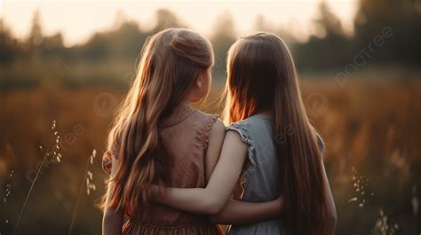 Zwei Beste Freundinnen Umarmen Sich Junge Und Zwei Mädchen Drei Beste