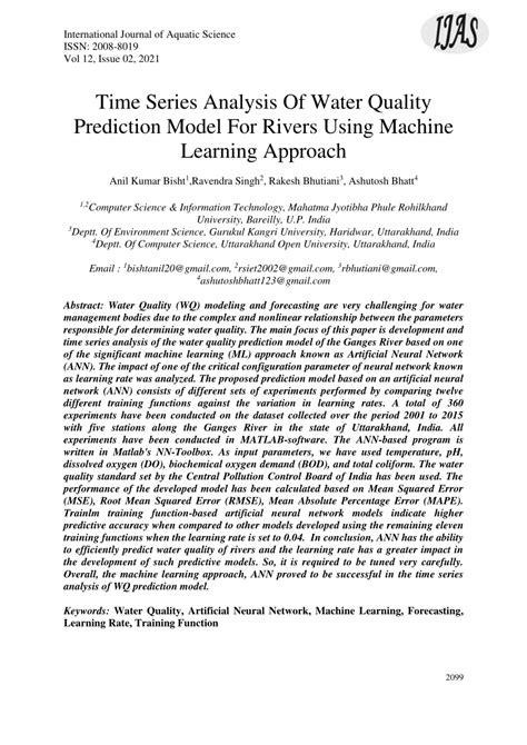 Pdf Time Series Analysis Of Water Quality Prediction Model For Rivers Using Machine Learning