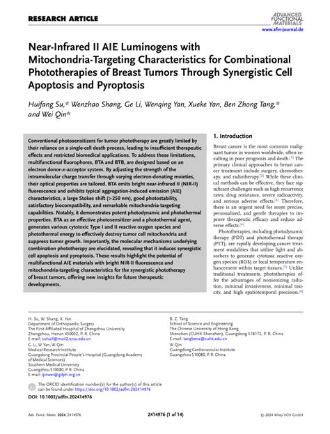 Near‐infrared Ii Aie Luminogens With Mitochondria‐targeting Characteristics For Combinational