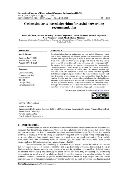 pdf cosine similarity based algorithm for social networking