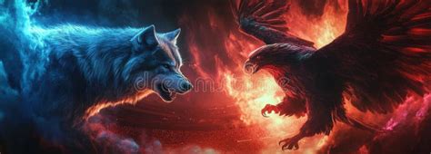 Fiery Eagle And Icy Wolf Facing Each Other In Dramatic Battle Scene