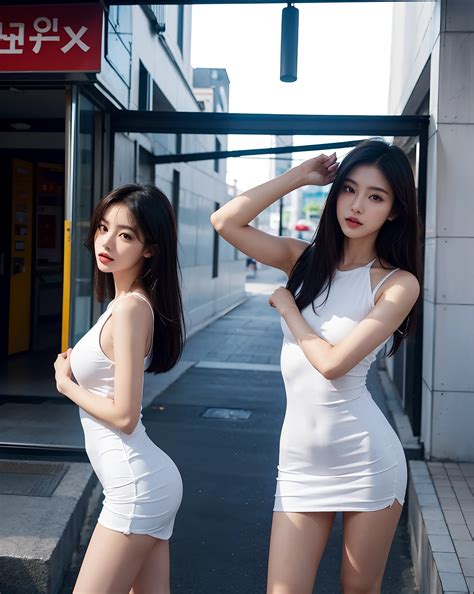 Two Asian Women In White Dresses Posing For A Picture Seaart Ai