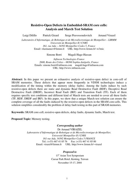 Pdf Resistive Open Defects In Embedded Sram Core Cells Analysis And
