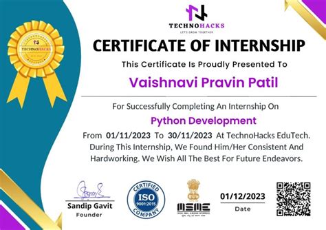 Vaishnavi Patil On Linkedin Technohacksedutech Intern Pythondevelopment Achievementunlocked