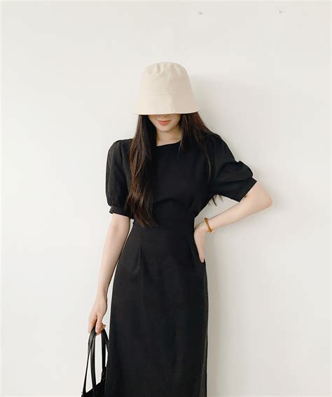 3color 라운드넥 벌룬 소매퍼프 핀턱 허리스트랩 뒷지퍼 A라인 플레어 롱원피스 청순 베이직 하객룩 일상룩 오피스룩 여름 데일리룩