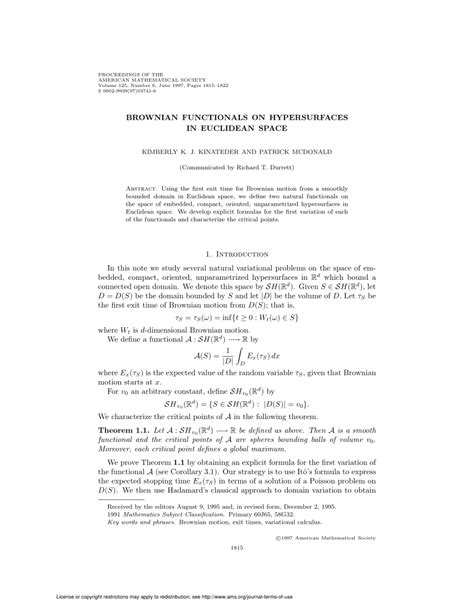 Pdf Brownian Functionals On Hypersurfaces In Euclidean Space