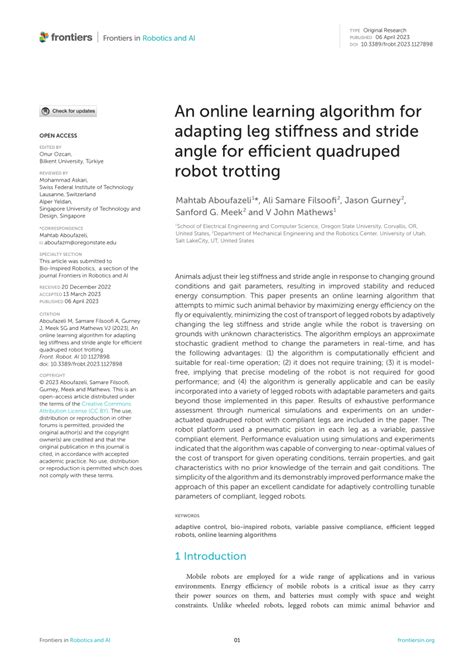 pdf an online learning algorithm for adapting leg stiffness and stride angle for efficient