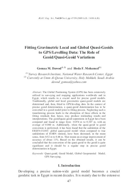 Pdf Fitting Gravimetric Local And Global Quasi Geoids To Gps Levelling Data The Role Of Geoid