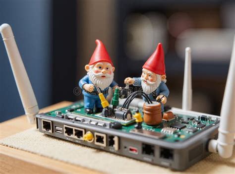 Two Tiny Figures In A Microworld Setting Work On A Wi Fi Router