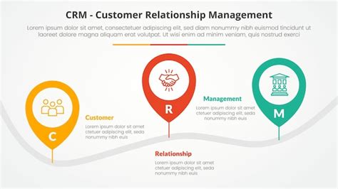 Crm 고객 관계 관리 인포그래픽 개념 슬라이드 프레젠테이션을 위해 핀 태 위치 도로 위와 아래 평평한 스타일의 3 포인트