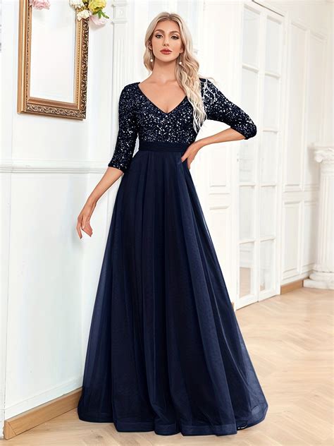 V Neck Contrast Sequin Long Dress Elegant Chiffon Half Sleeve Waist