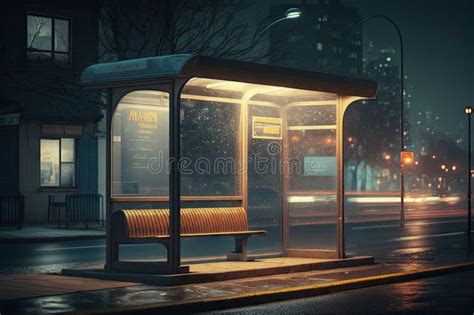 Empty Bus Stop At Night With View Of The Moon And Stars In The Sky