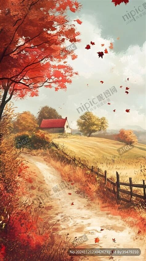 Ai创作图秋天风景插画 秋天美景插画 金秋风景插画 唯美秋天风景油画 唯美秋景秋天小道 手绘秋日风景 秋季风景插画 秋意风景画 小道秋天唯美