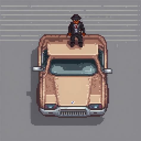 Pixel Art Of A Man Perched On A Parked Car In A Bustling Parking Lot