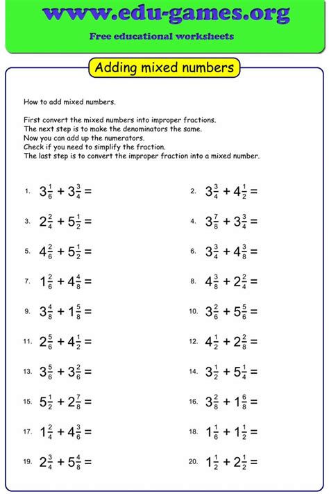 adding fractions and mixed numbers with unlike denominators worksheet