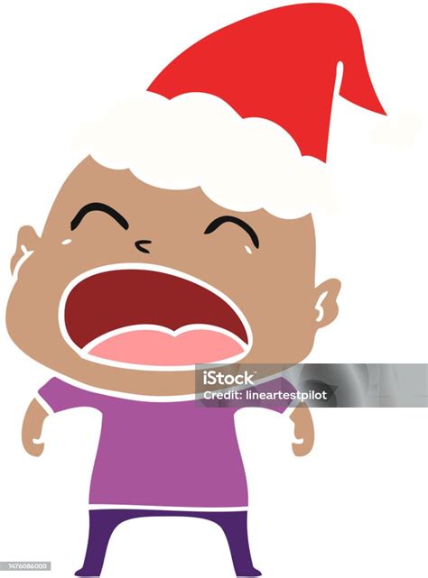 산타 모자를 쓰고 소리를 지르는 대머리 남자의 손으로 그린 평면 컬러 그림 낙서 드로잉에 대한 스톡 벡터 아트 및 기타 이미지 낙서 드로잉 남자 노래 Istock