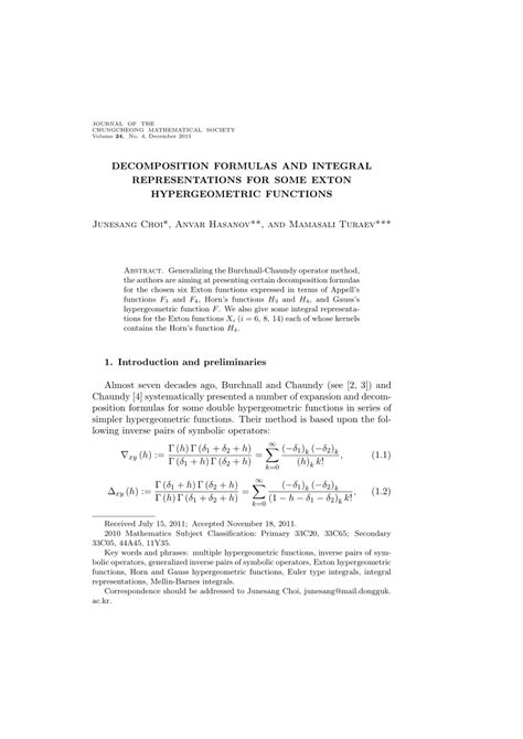 Pdf Decomposition Formulas And Integral Representations For Some Exton Hypergeometric Functions