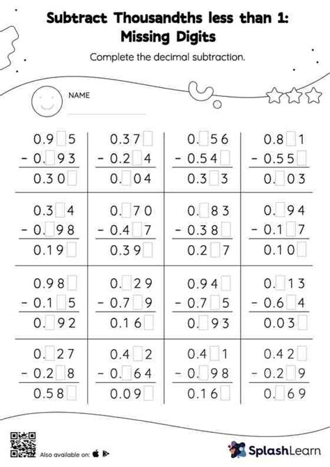 Subtract Thousandths Less Than 1 Missing Digits Worksheet