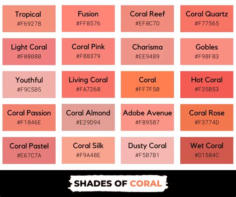 100 Shades Of Coral Color Names Hex Rgb Cmyk Codes 45 Off