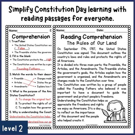 Constitution Day Reading Comprehension Passages And Questions 2 Levels