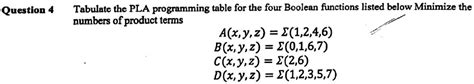tabulate the pla programming table for thefour boolean functions listed