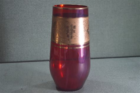 Купить Ваза для цветов Богемия Bohemia Виноград Цветное стекло Позолота Чехословакия времен