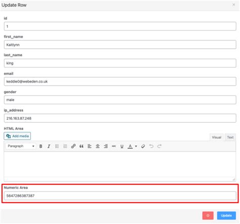 Numeric Value Ninja Tables Data Type