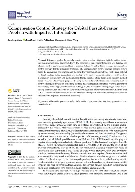 Pdf Compensation Control Strategy For Orbital Pursuit Evasion Problem With Imperfect Information