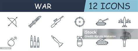 전쟁 세트 라인 아이콘입니다 나이프 조준기 소총 탱크 장비 폭탄 로켓 탄약통 12 줄 아이콘입니다 비즈니스 및 광고를 위한 벡터 라인 아이콘 Ordination에 대한 스톡