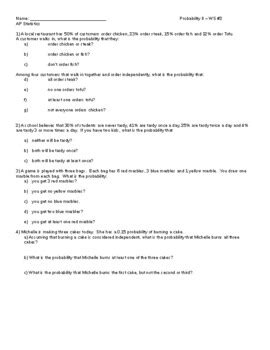 AP Statistics Probability Worksheet 2 By AP Statistics Question Banks