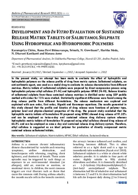 Pdf Development And In Vitro Evaluation Of Sustained Release Matrix Tablets Of Salbutamol