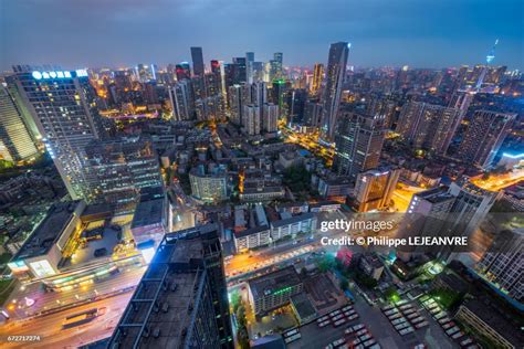 Chengdu Skyline At Night Wide High Angle View China High Res Stock