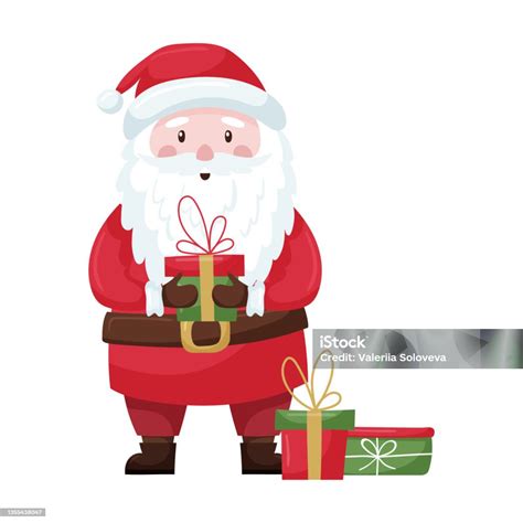 빨간 양복과 모자를 쓴 귀여운 만화 크리스마스 산타가 손에 선물을 들고 있습니다 산타 클로스가 웃고 있다 플랫 스타일의 사랑스러운 캐릭터 흰색 배경에 격리 12월에 대한