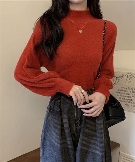 7colors 밍크 반목 니트티 목폴라 로우숄더 벌룬 긴소매 페이크퍼 브러쉬드 단색 솔리드 반목폴라 풀오버 스웨터 니트탑 겨울 부드러운 도톰 폭닥 레이더드 코디템