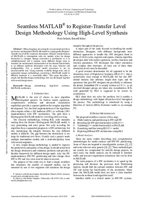 Pdf Seamless Matlab ® To Register Transfer Level Design Methodology