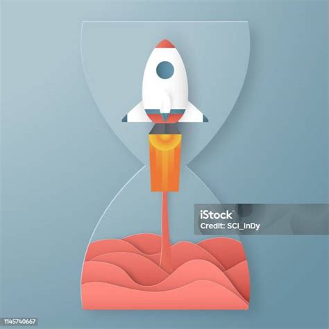 종이 절단 공예 및 종이 접기 스타일에서 시작 개념 벡터 일러스트 레이 션 로켓은 파란 하늘을 날고 있다 웹 배너 포스터 표지