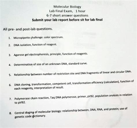 SOLVED Molecular Biology Lab Final Exam Your Short Answer Questions Submit Your Lab Report