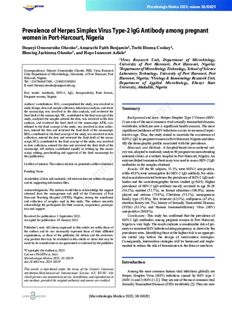 Pdf Prevalence Of Herpes Simplex Virus Type 2 Igg Antibody Among