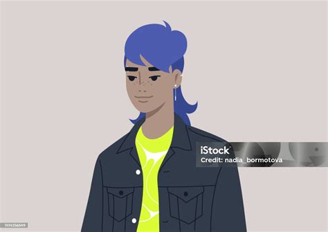 트렌디 한 숭어 이발을 입은 푸른 머리카락을 가진 젊은 세련된 캐릭터 맥가이버 머리에 대한 스톡 벡터 아트 및 기타 이미지