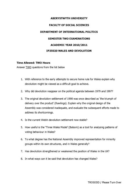 Three Wales Model Wales And Devolution Past Exam Exams Political Science Docsity