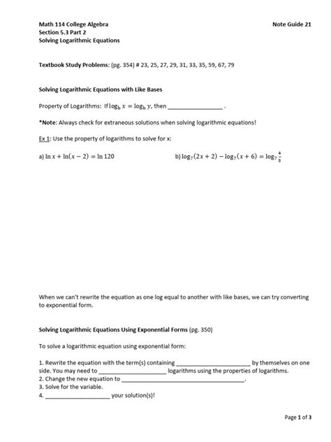 Section 53 Part 2 Solving Logarithmic Equations Pdf
